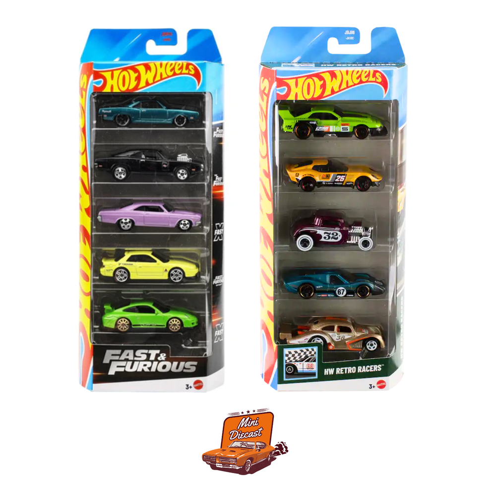 Hot Wheels 5 Pack (2x) – Fast & Furious / HW Retro Racers – Mini Diecast